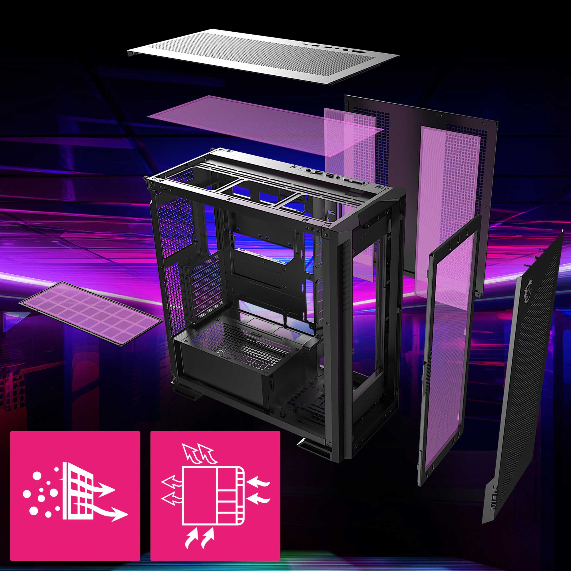 MSI MPG Velox 300R Airflow PZ - Mid-Tower Gaming PC Case - Tempered Glass Side Panel - 2 x 160 ...